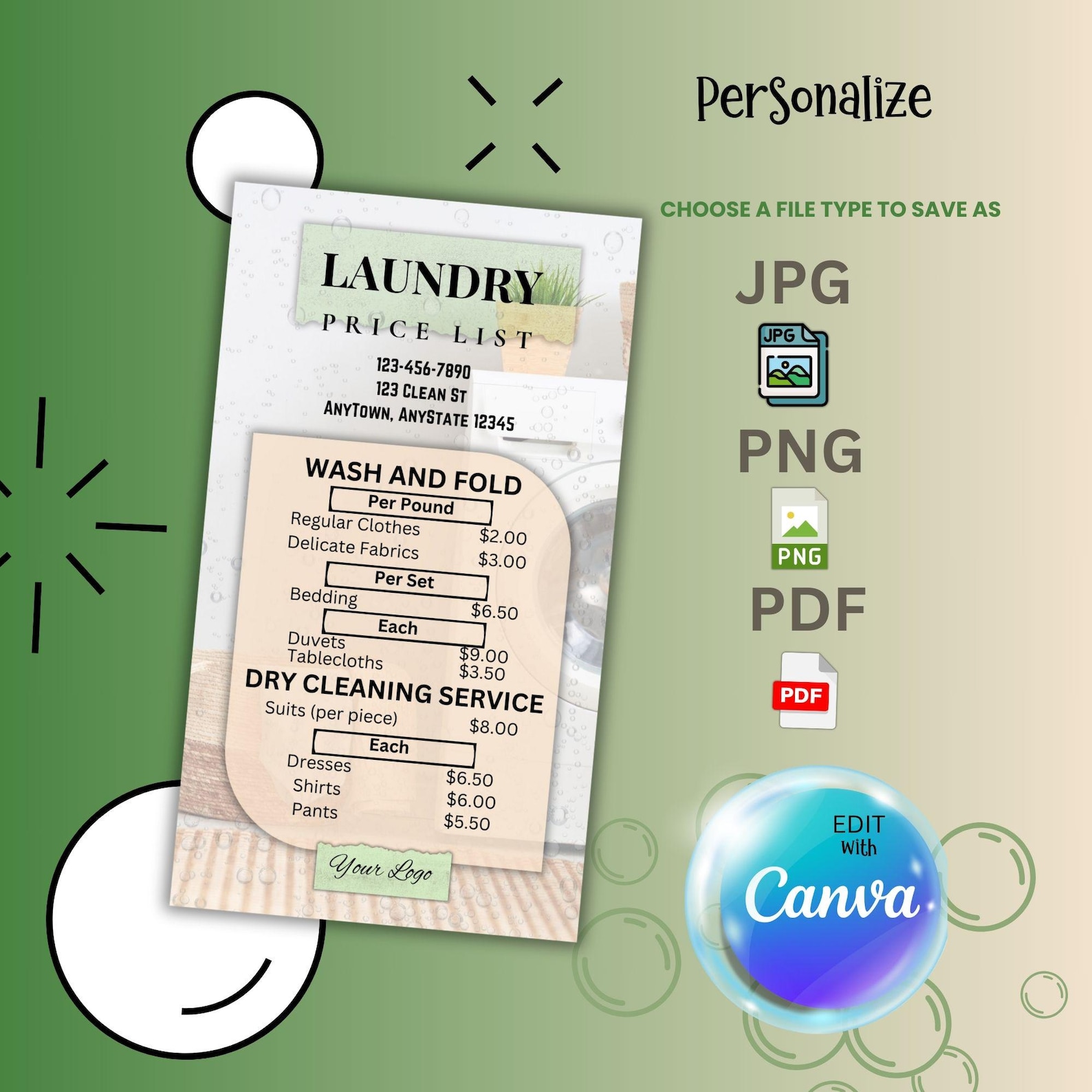 Editable Laundry Service Price List, Canva Laundry Shop Advertising ...