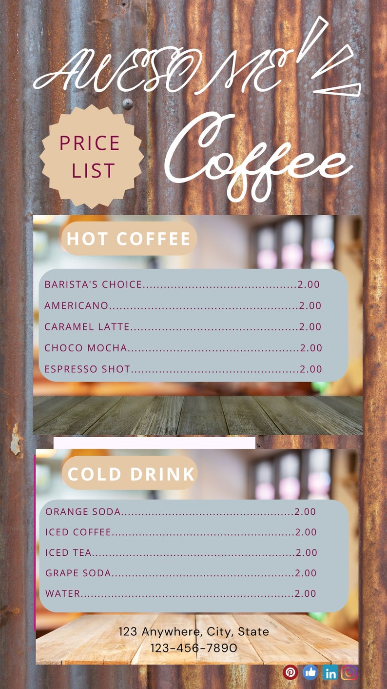 Coffee Shop Price List Template, Editable in Canva (digital Download ...