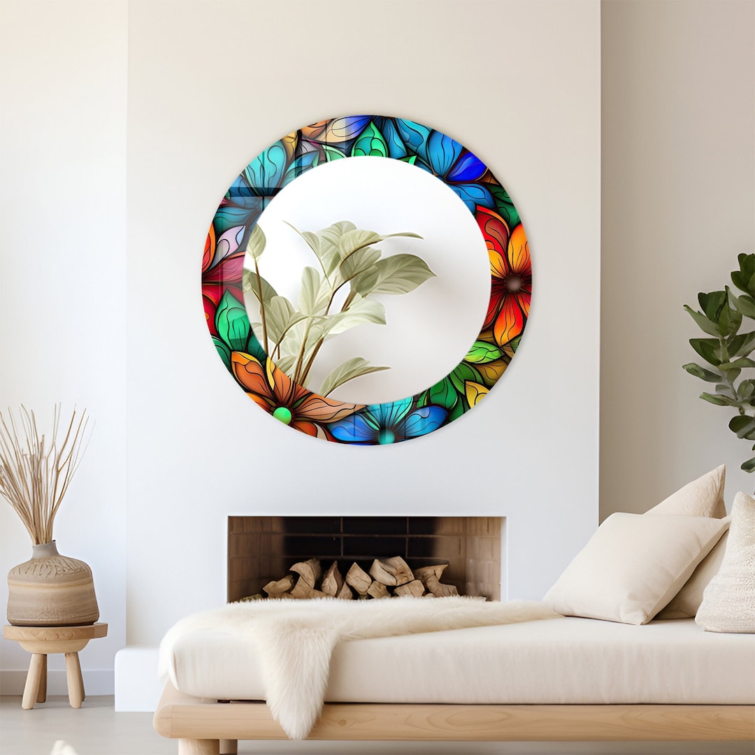Colorful Floral Mirror Art Decor Tempered Glass Mirror Wall Decor for ...