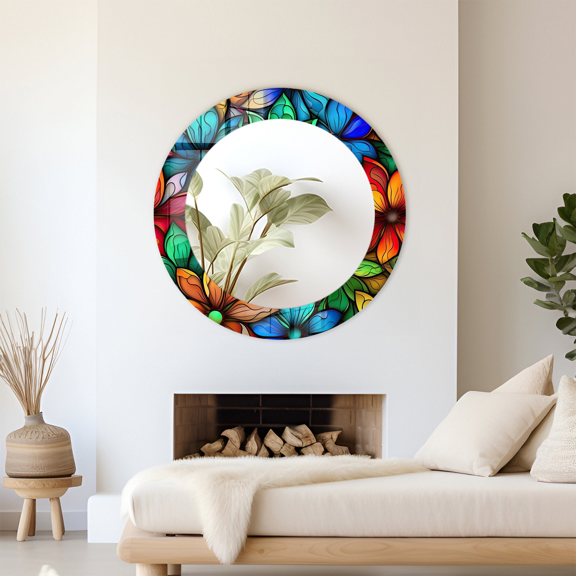 Colorful Floral Mirror Art Decor Tempered Glass Mirror Wall Decor for ...