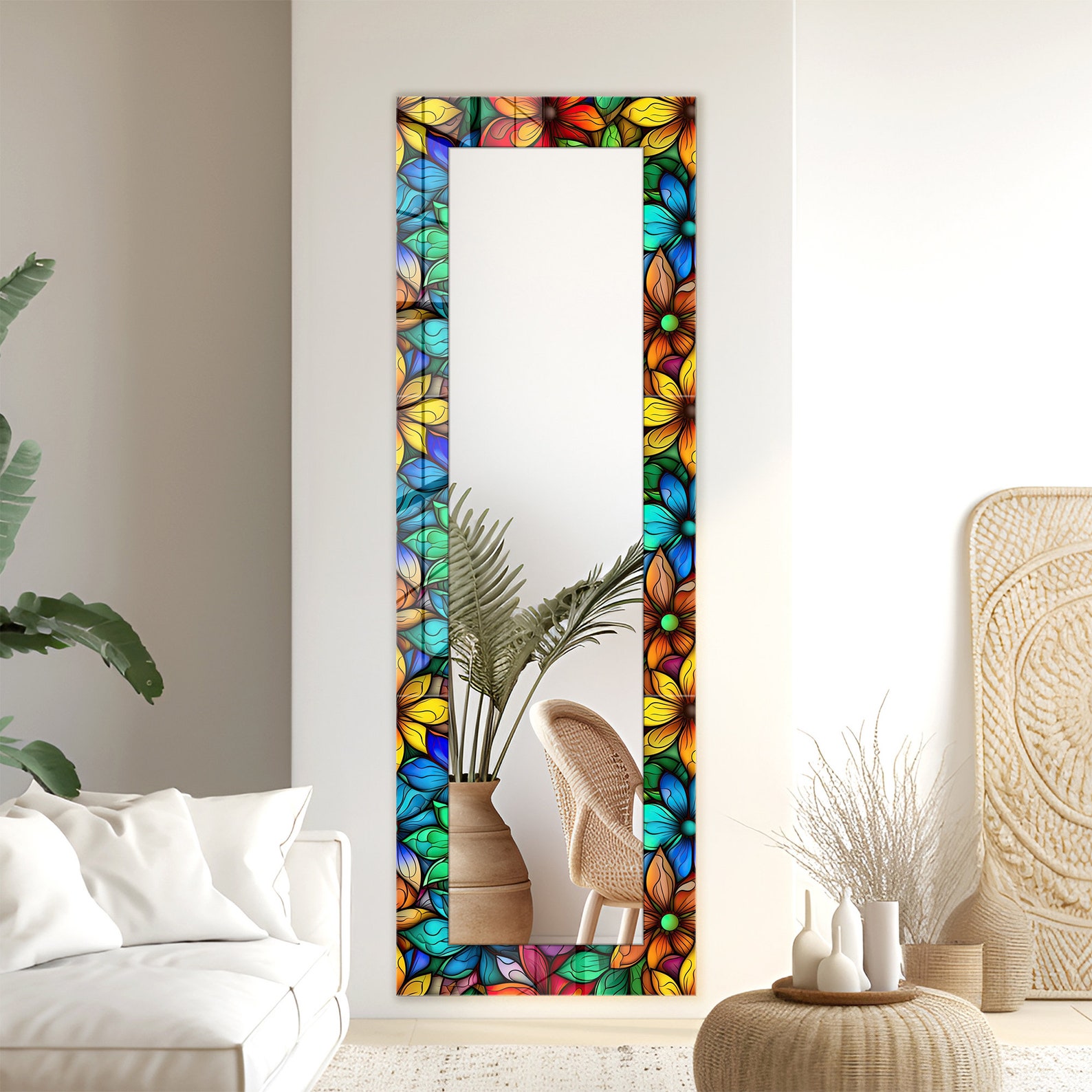 Colorful Floral Mirror Art Decor Tempered Glass Mirror Wall Decor for ...