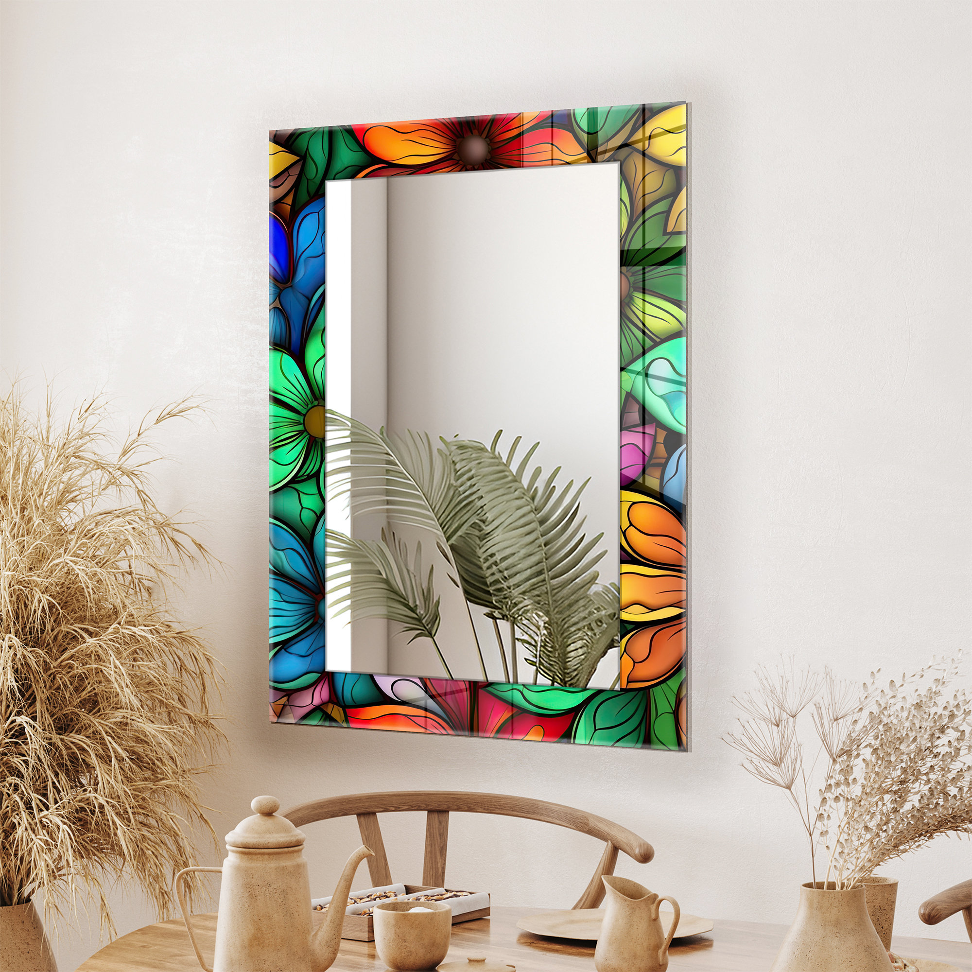 Colorful Floral Mirror Art Decor Tempered Glass Mirror Wall Decor for ...