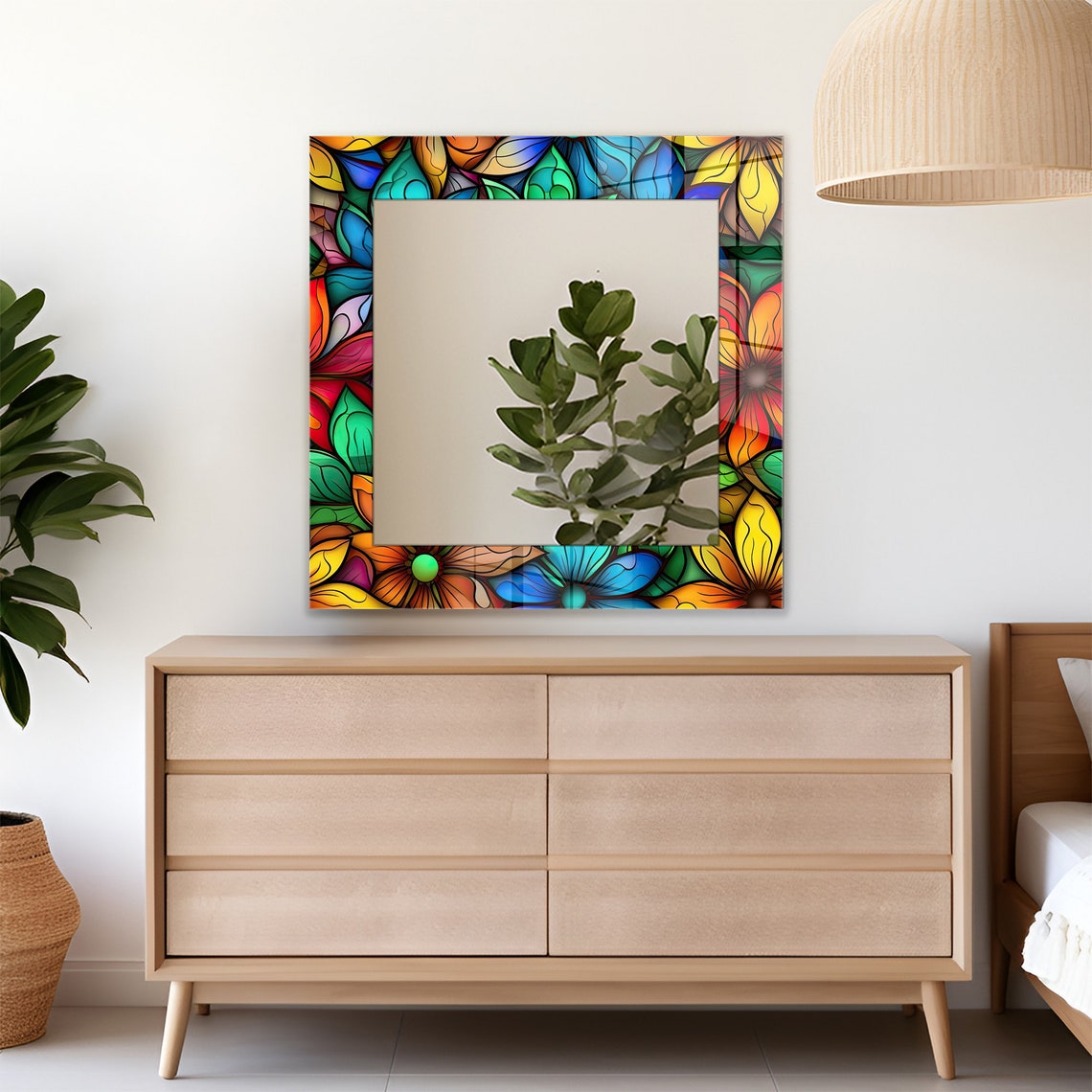 Colorful Floral Mirror Art Decor Tempered Glass Mirror Wall Decor for ...