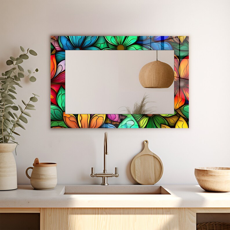 Colorful Floral Mirror Art Decor Tempered Glass Mirror Wall Decor for ...