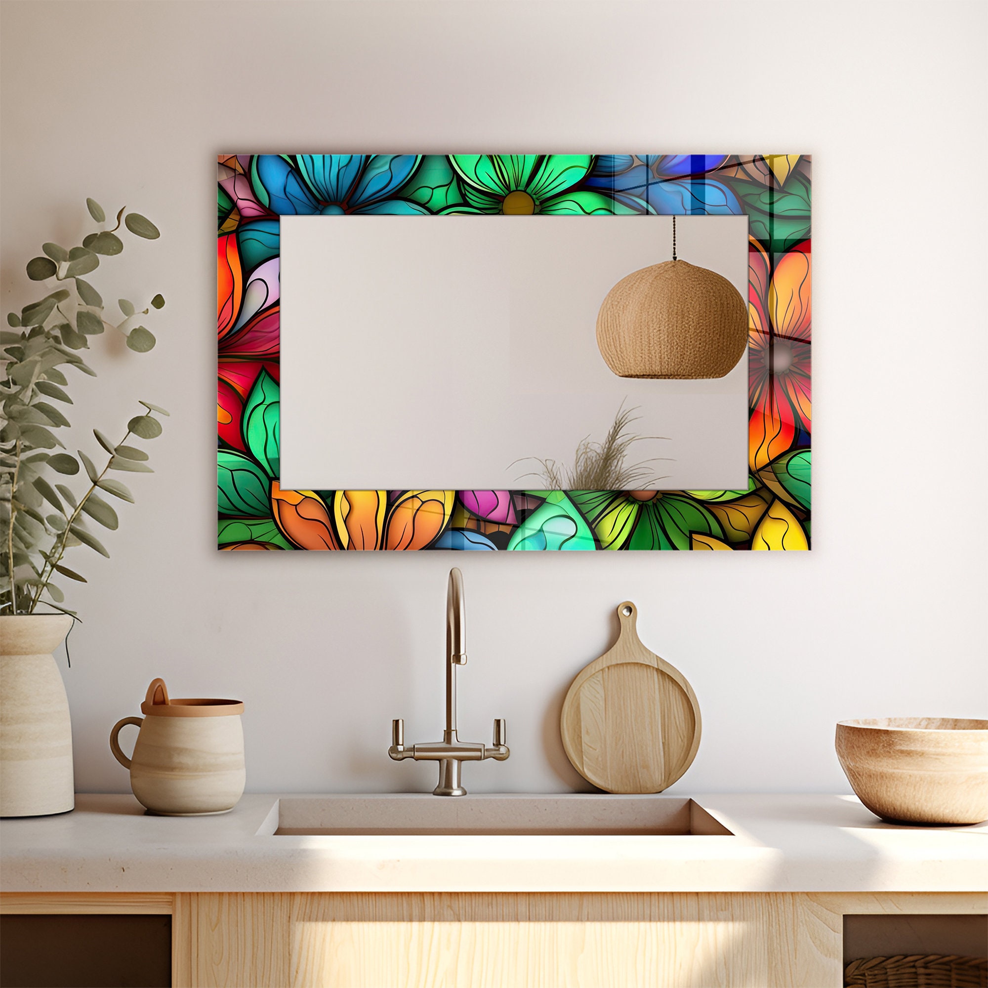 Colorful Floral Mirror Art Decor Tempered Glass Mirror Wall Decor for ...