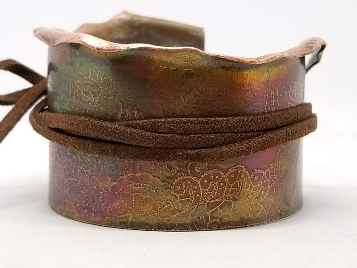 Leather and Lace Copper Cuff unique flame painted copper | Etsy