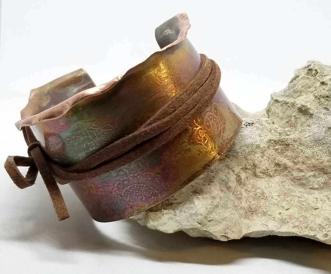 Leather and Lace Copper Cuff unique flame painted copper | Etsy