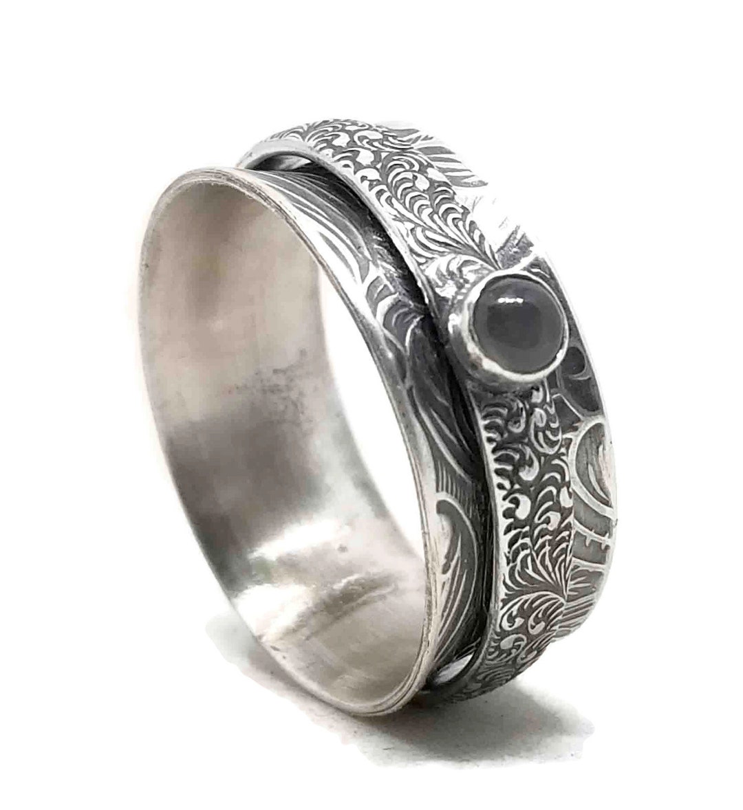 Slim Sterling Silver Floral and Fern Spinner Ring, Fidget Ring, Puzzle ...