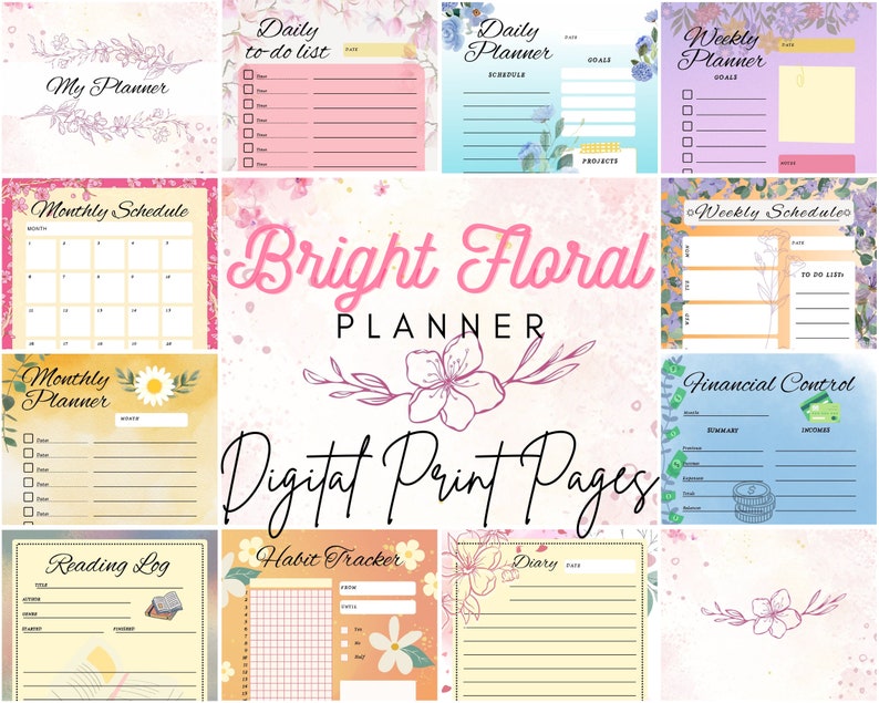 Bright Floral Planner Digital Prints Pages and Editable Canva Template ...