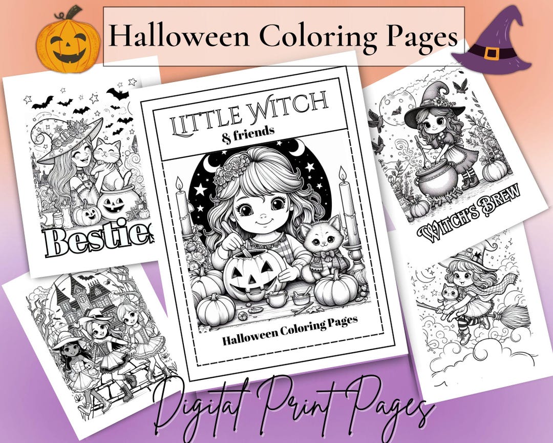 Witch Halloween Coloring Pages "little Witch and Friends" Digital Print ...