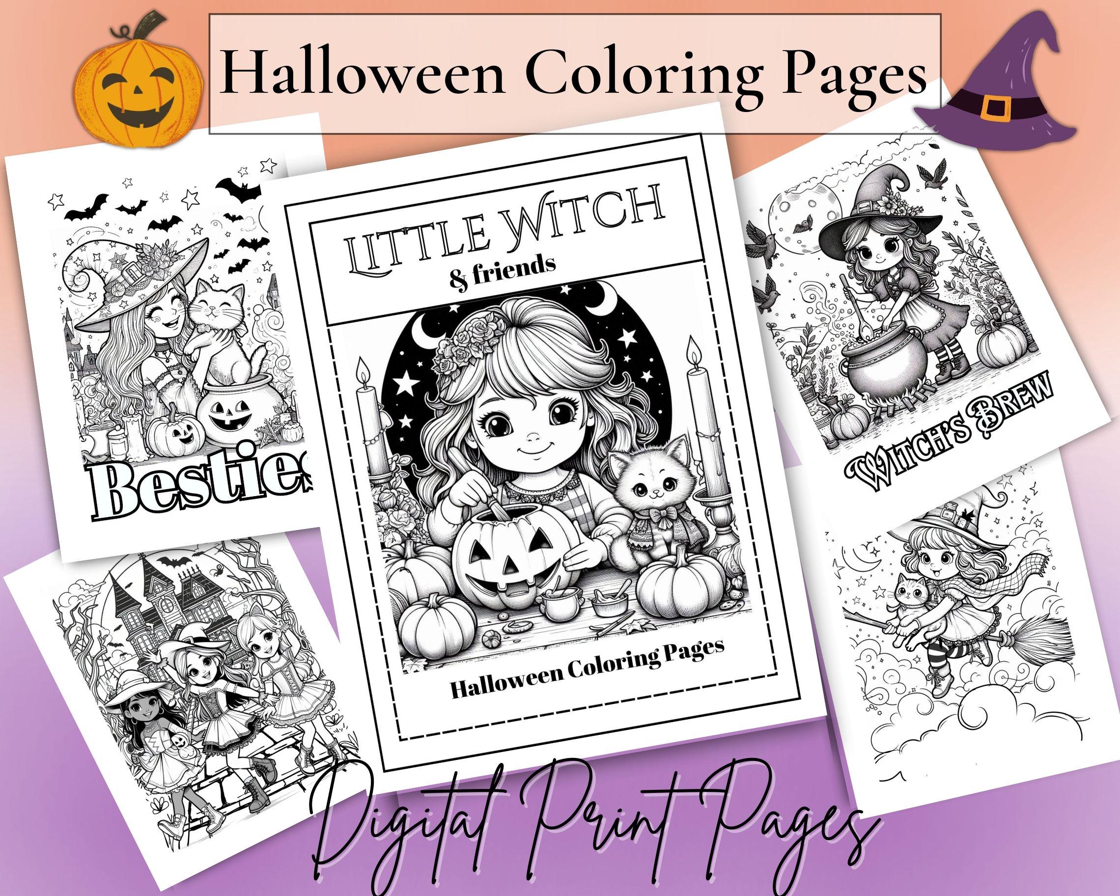 Witch Halloween Coloring Pages: "little Witch and Friends" (digital ...