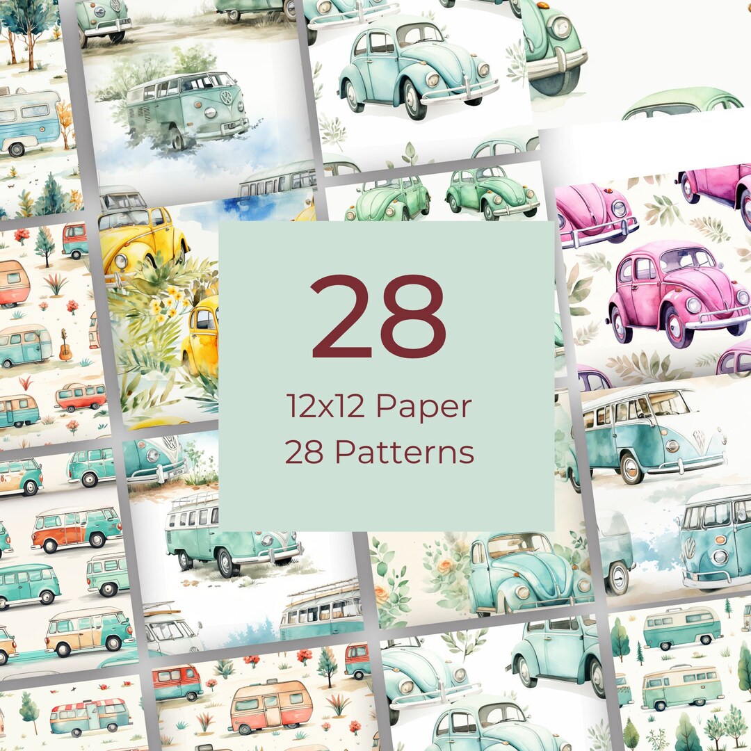 28 Retro VW Digital Papers - Vintage Volkswagen-inspired, 12x12 ...