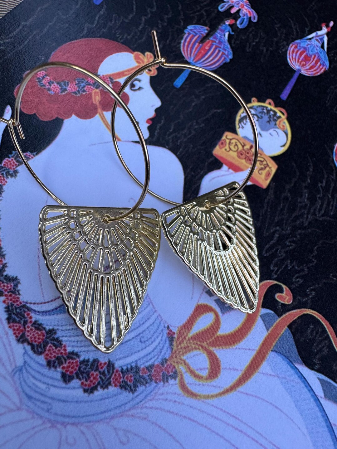 Gold Art Deco Fan Earrings, Gold Boho Hoops, Geometric Jewelry, Vintage ...