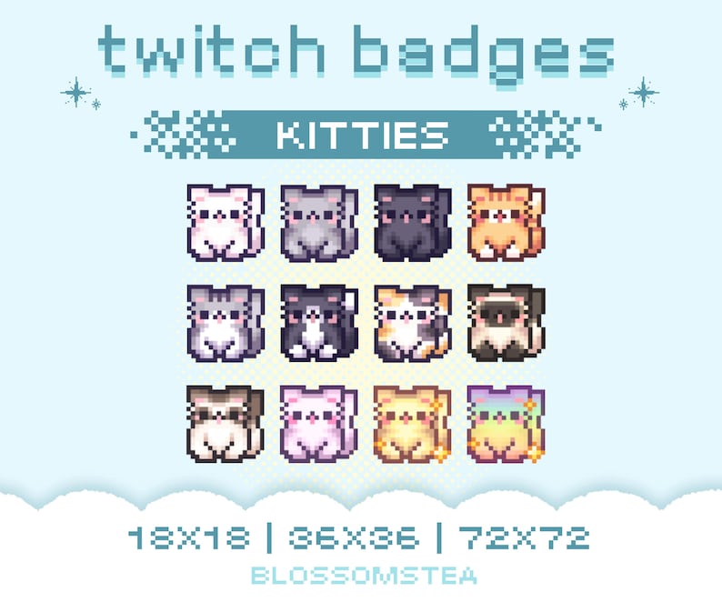 X12 Kawaii Cat Sub Badges | Kitty Pixel Bit Badges | Cute Streaming ...