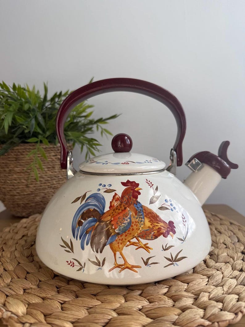 Vintage Corelle Coordinates Country Morning Enamel Whistling Tea Kettle ...