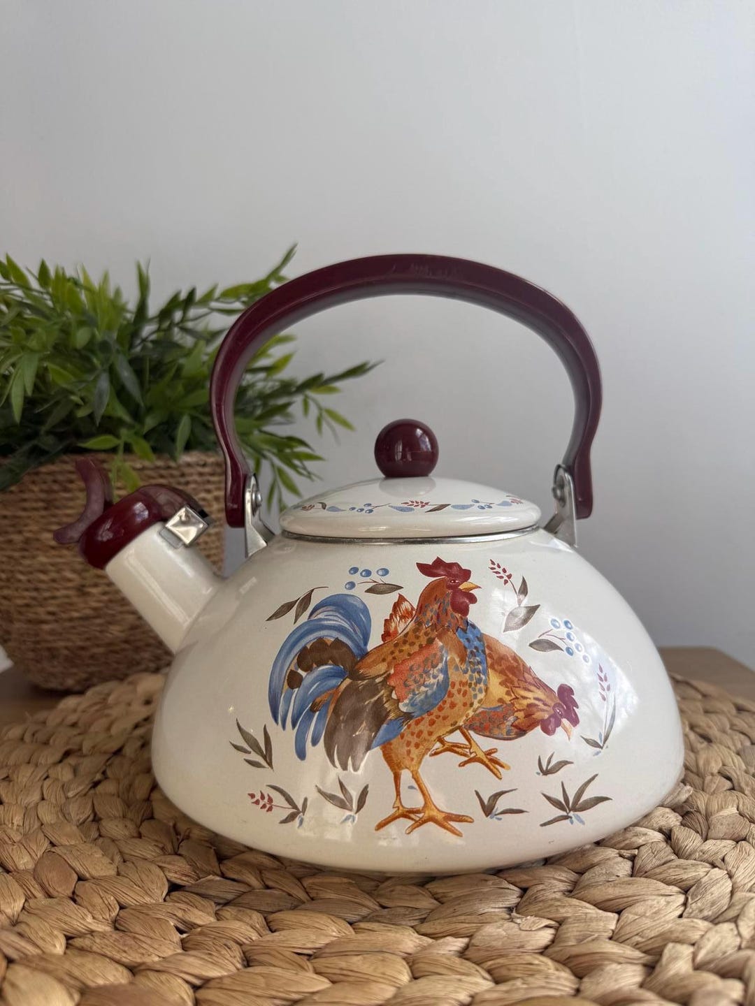 Vintage Corelle Coordinates Country Morning Enamel Whistling Tea Kettle ...