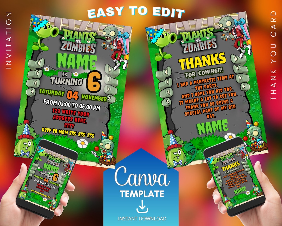 Plants Vs Zombies Birthday Invitation Kids Birthday Invite Instant ...