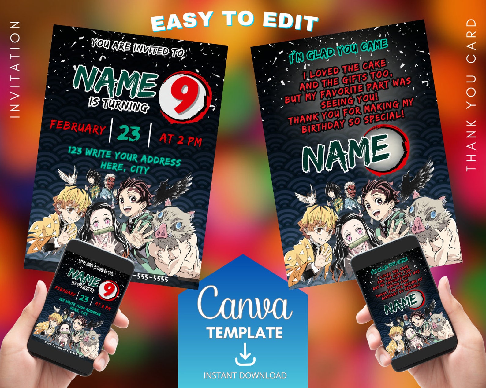 Demon Slayer Birthday Invitation Kids Birthday Invite Instant Download ...