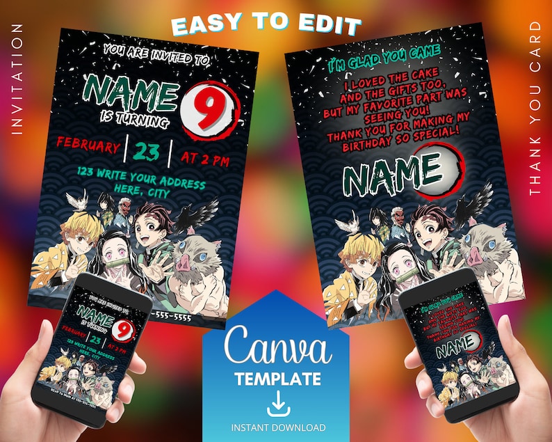 Demon Slayer Birthday Invitation Kids Birthday Invite Instant Download ...