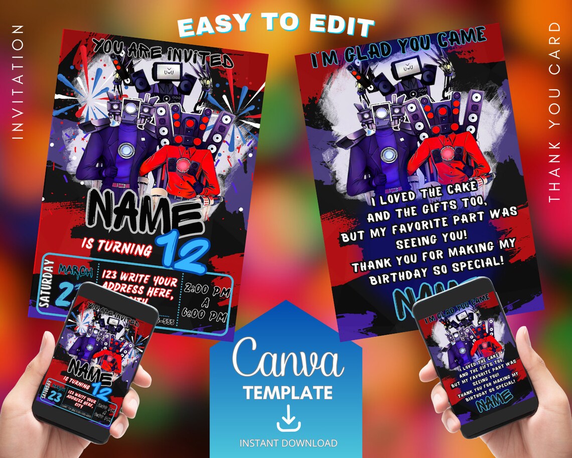 Skibidi Party Birthday Invitation Kids Birthday Invite Instant Download ...