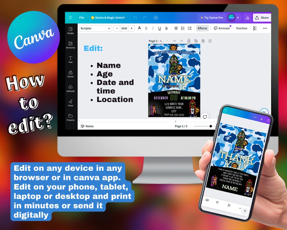 Bape Party Birthday Invitation Kids Birthday Invite Instant Download Canva Template Canva ...