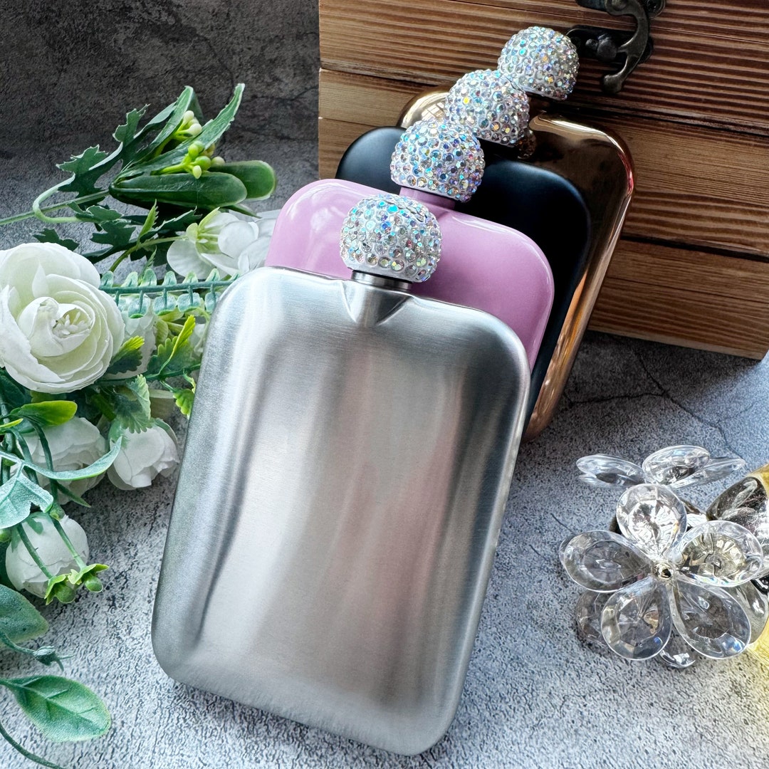 Custom Engraved Women's Flask: Stainless Steel Diamond Cap Bridal Gift ...