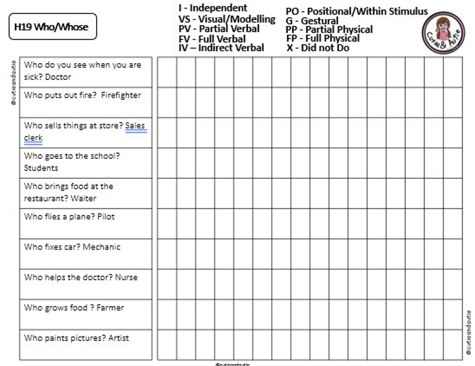WH Questions - Who/ Whose ABBLS-R H19 Intraverbal Task Card + Data ...