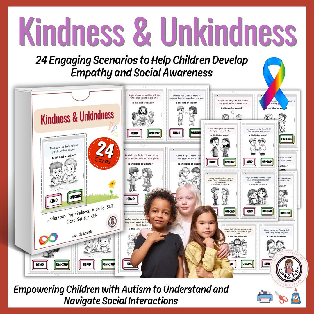 SOCIAL SKILLS: Kindness & Unkindness Cards for Kids With Autism / 24 ...