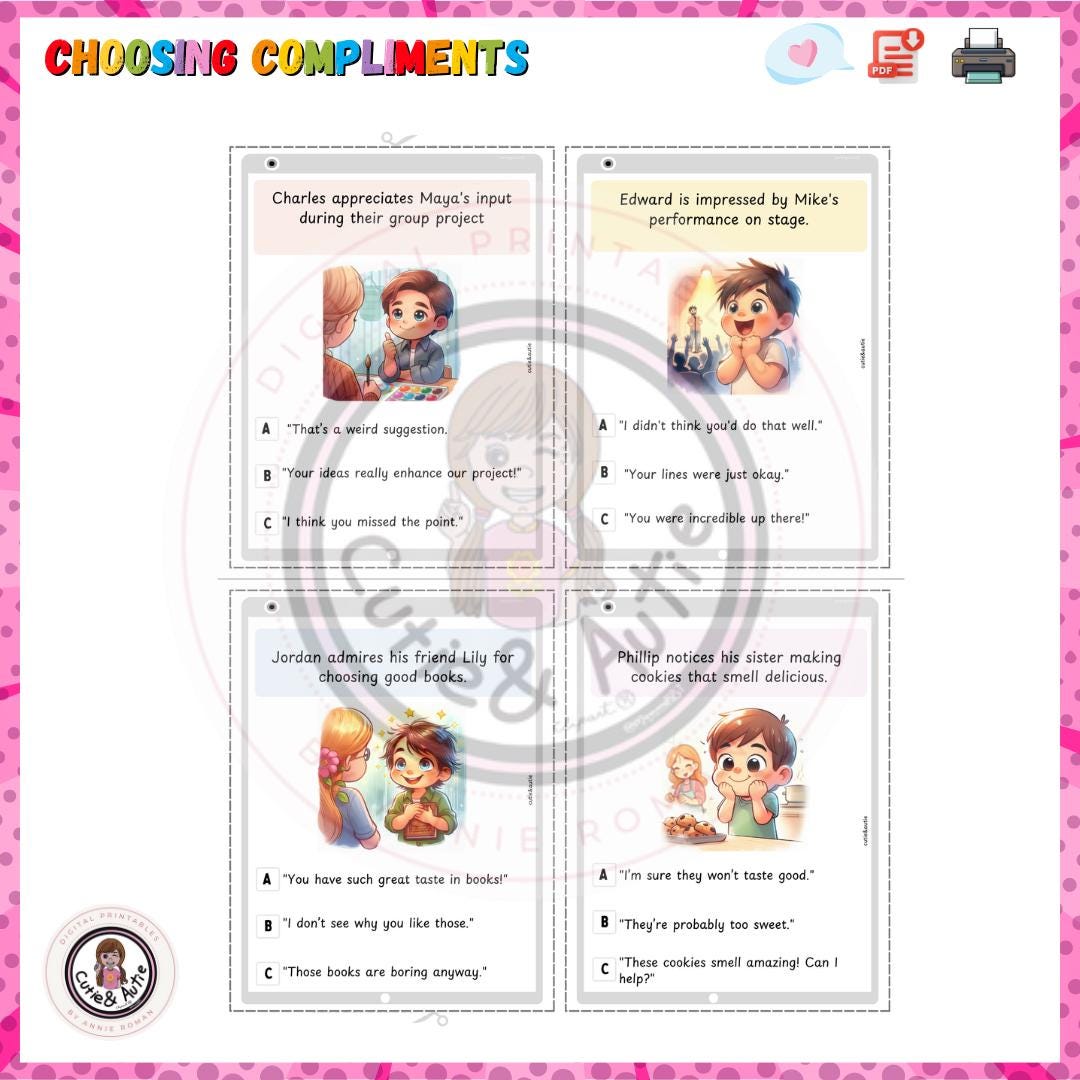 Choosing Compliments: A Fun Learning Tool for Kids With Autism 25 CARDS ...