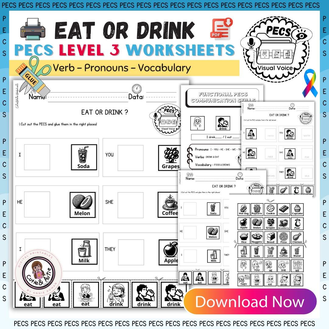 PECS Level 3: Cut and Paste Worksheets for Daily Food and Drink ...