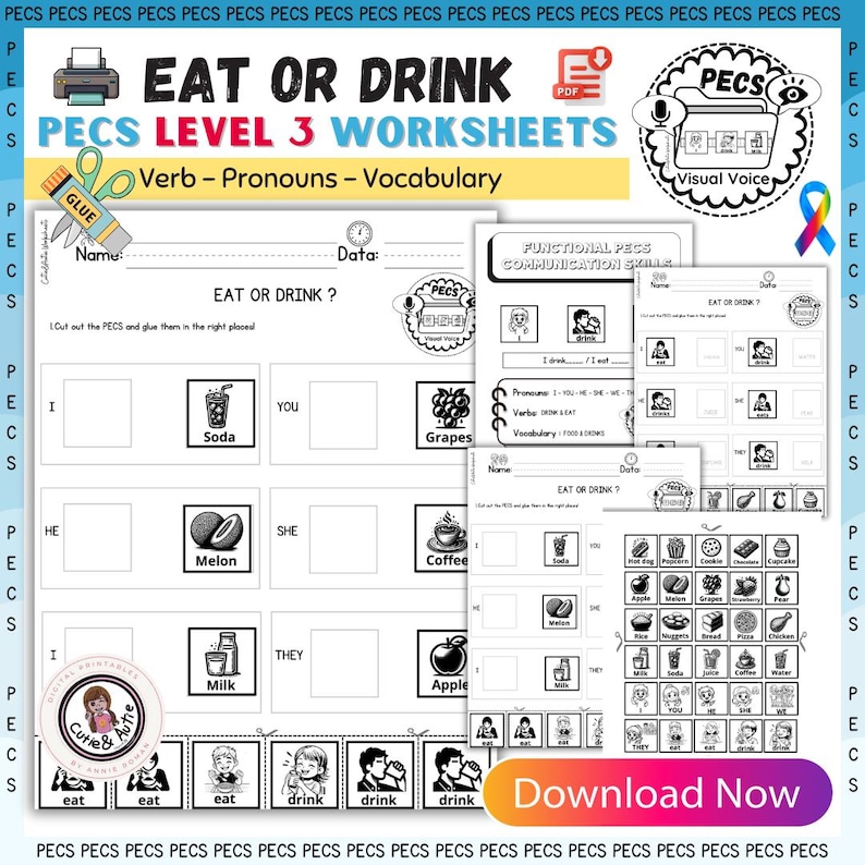 PECS Level 3: Cut and Paste Worksheets for Daily Food and Drink ...