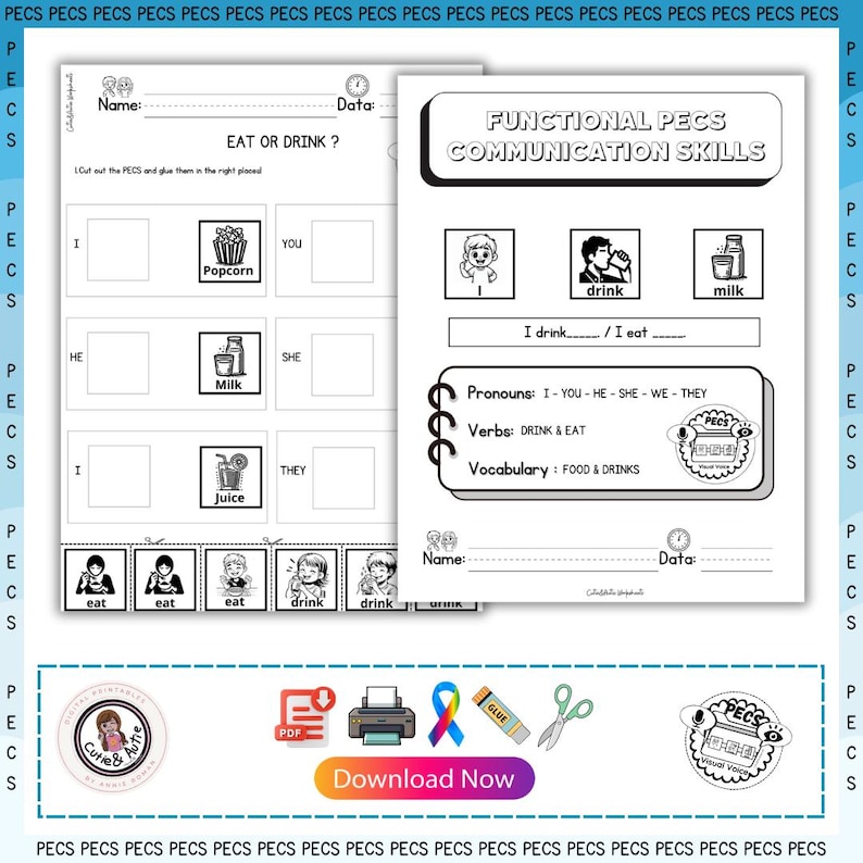 PECS Level 3: Cut and Paste Worksheets for Daily Food and Drink ...