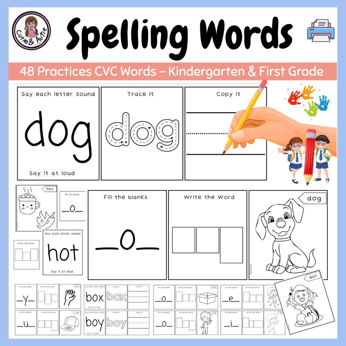 Spelling CVC Word Work Practice Worksheets for Kindergarten & First ...