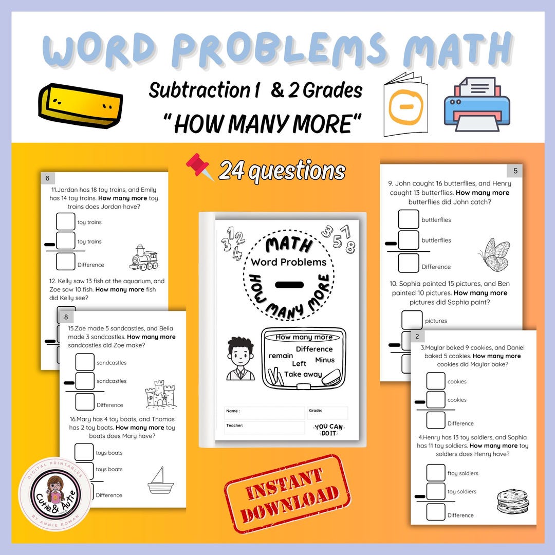 How Many More? Subtraction Word Problem Booklet/ FIRST GRADE 24 ...