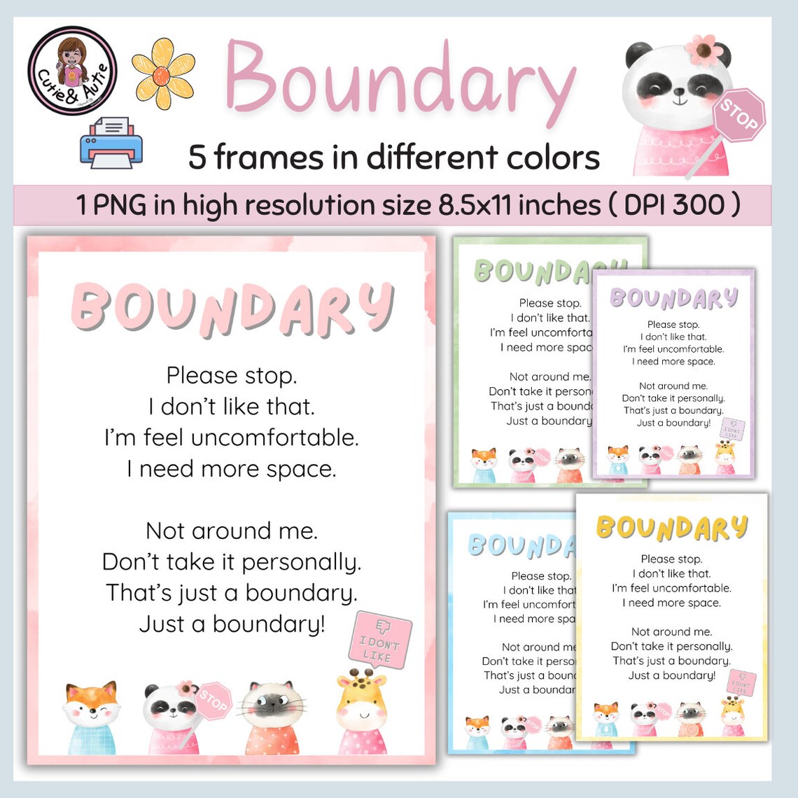 Boundaries Cute Animals Poster for Kids, Children's Therapy Worksheet ...