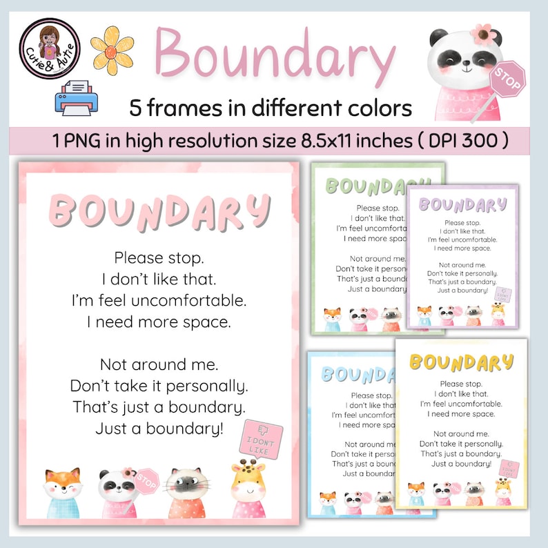 Boundaries Cute Animals Poster for Kids, Children's Therapy Worksheet ...