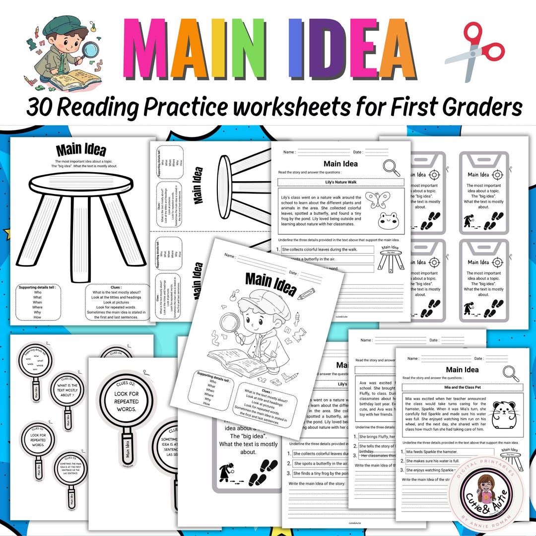 Spot the Main Idea: First Grade Reading Worksheet - Etsy