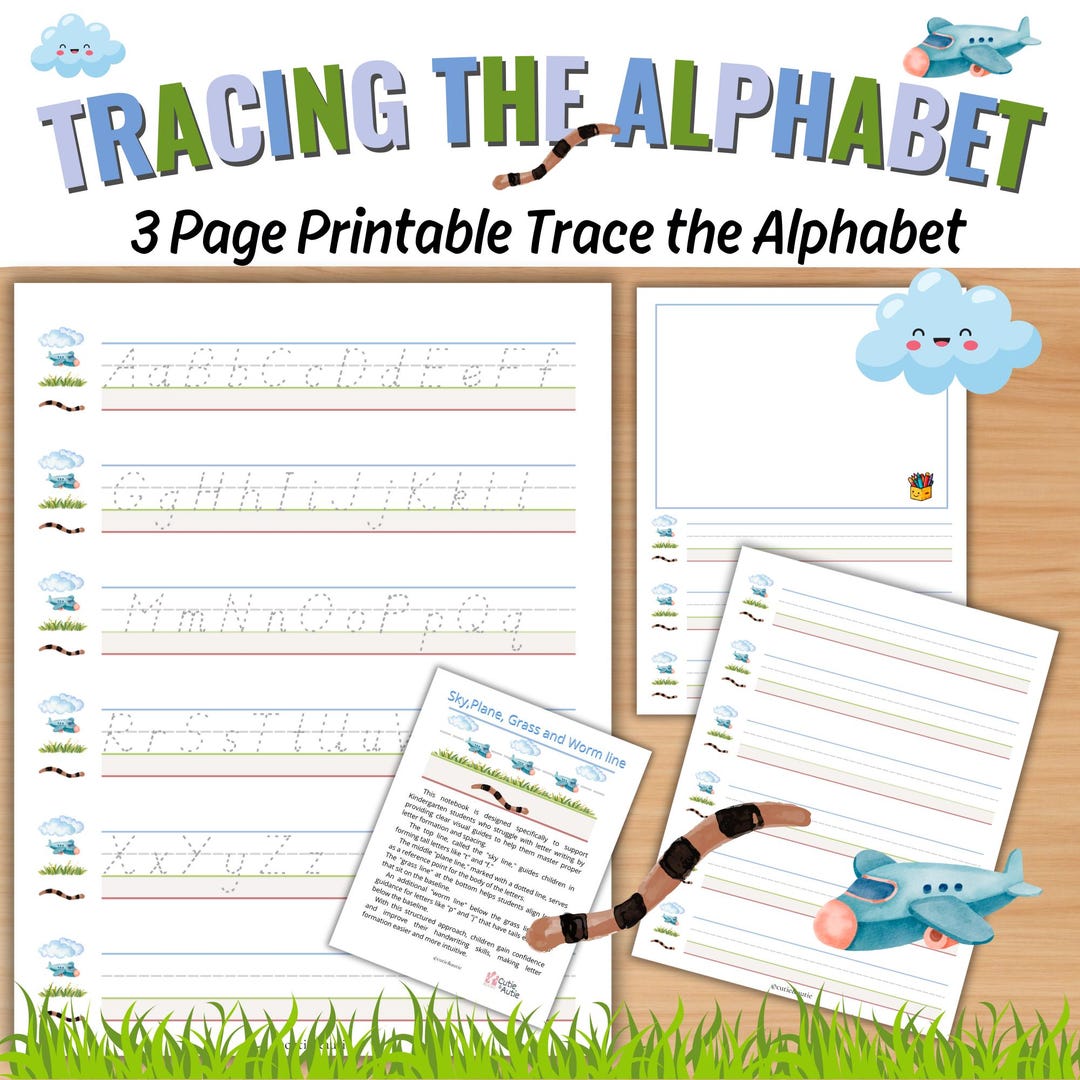 3 Page Printable Trace the Alphabet Sky, Airplane, Grass & Worm Lines ...