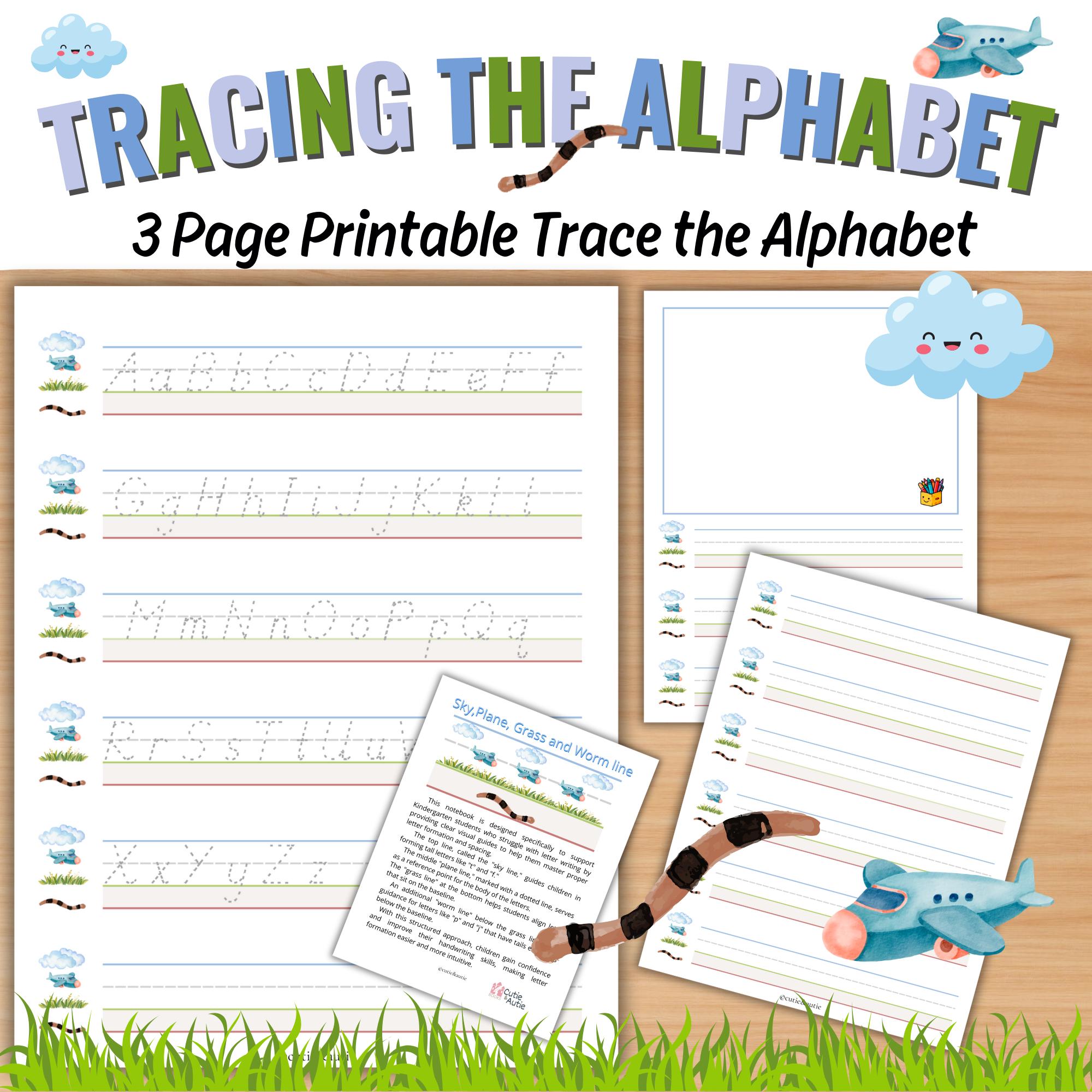 3 Page Printable Trace the Alphabet Sky, Airplane, Grass & Worm Lines ...