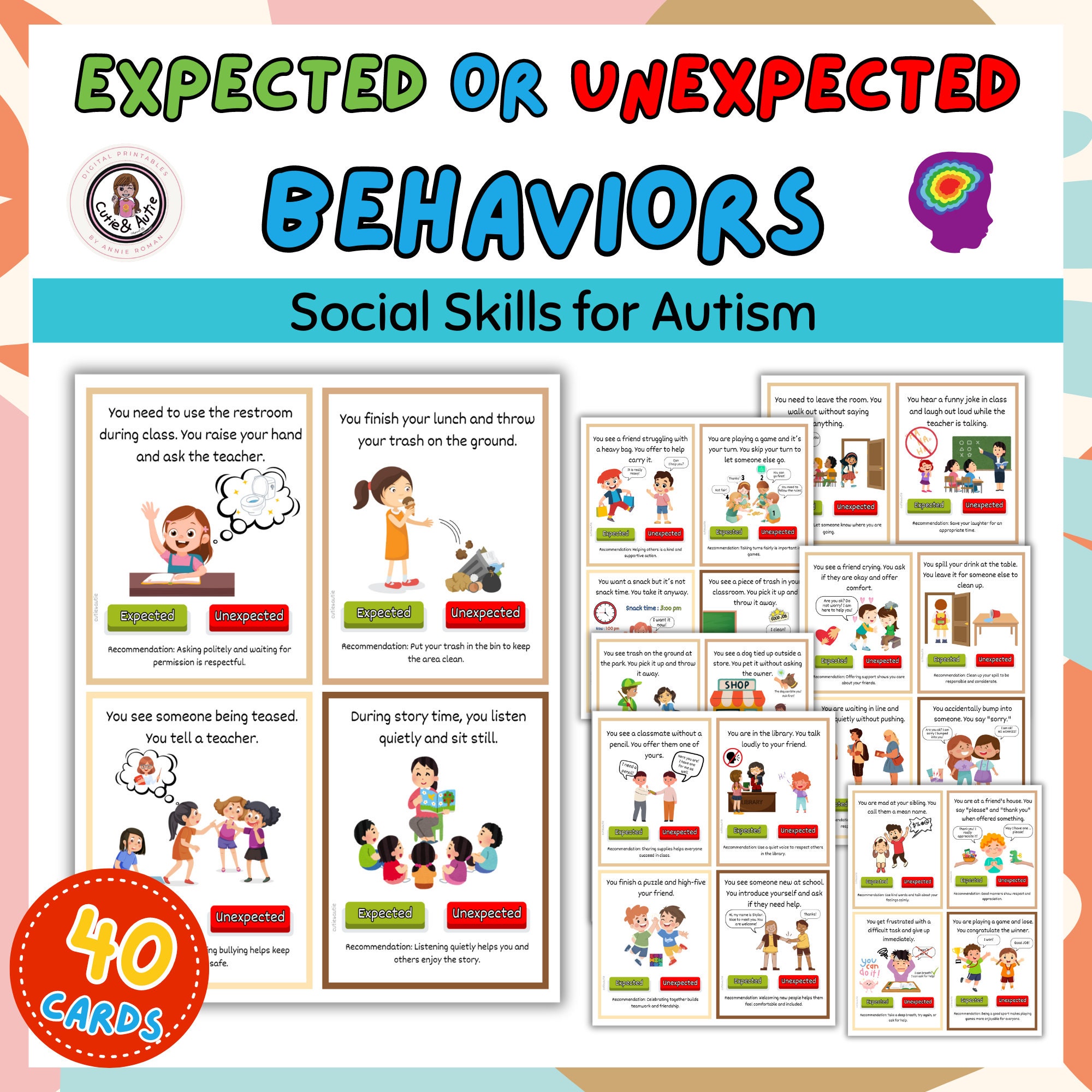 Expected Vs. Unexpected Behavior Cards for Kids With Autism I 40 Cards ...
