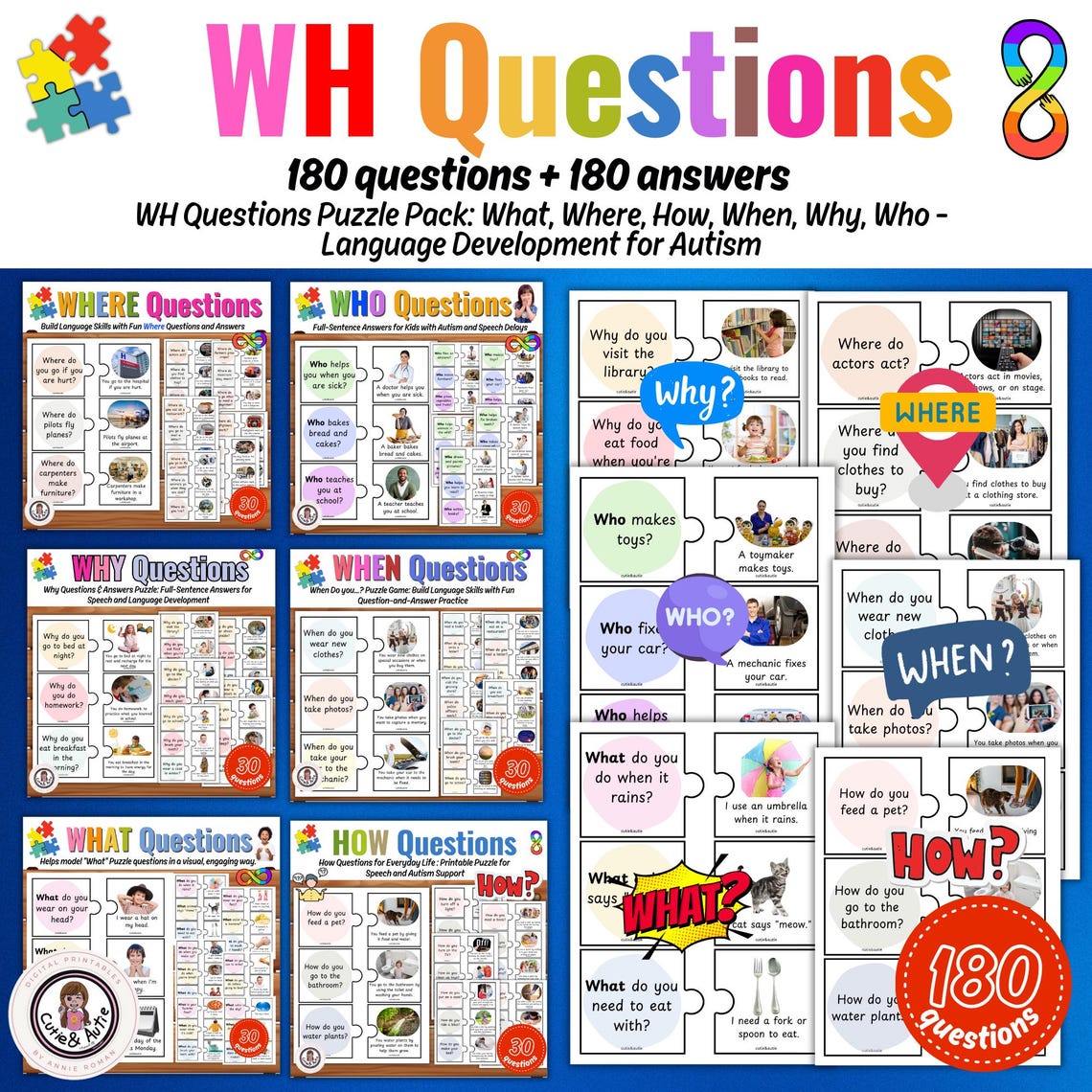 Complete WH Questions Puzzle Bundle: 180 Questions + 180 Full-sentence ...