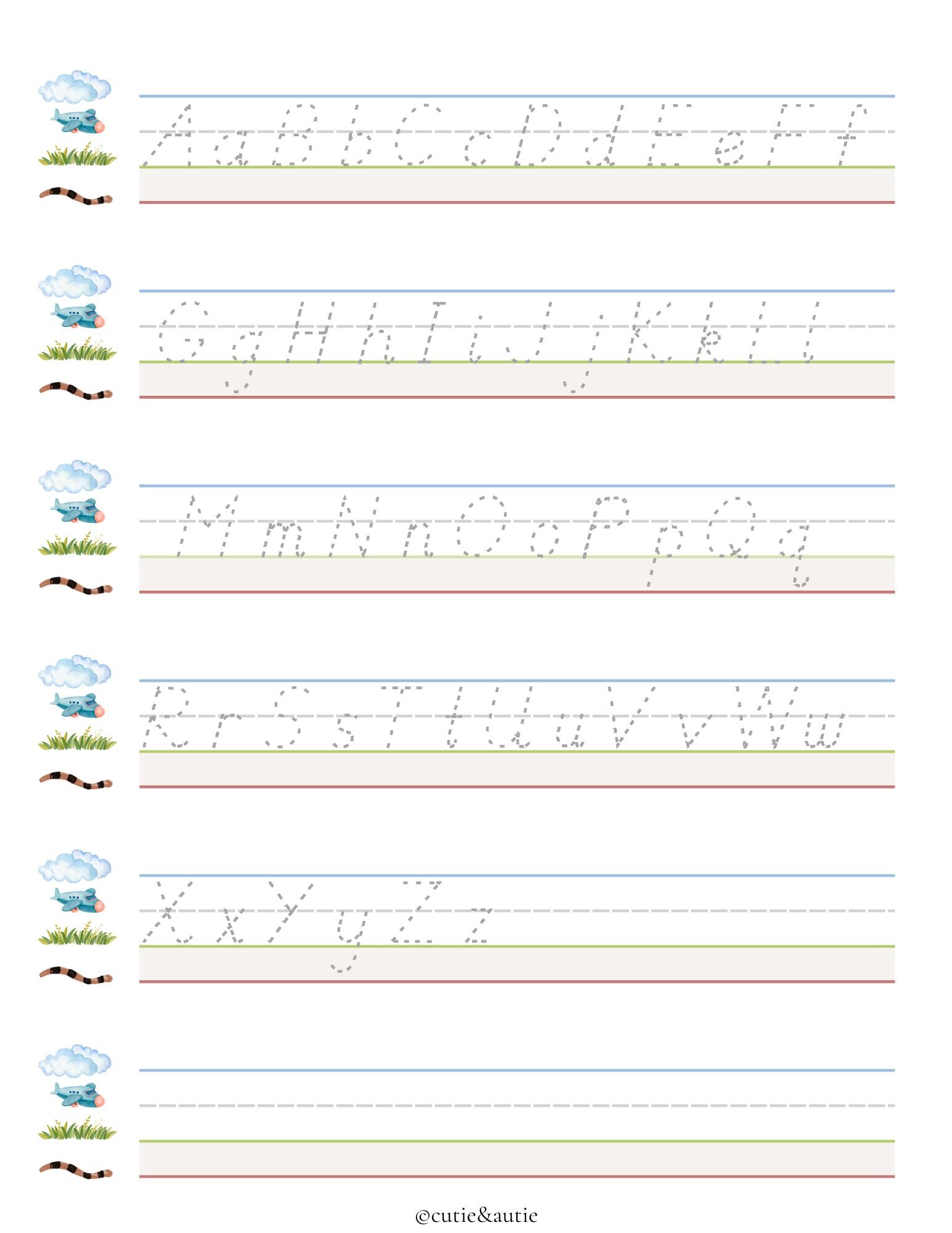 3 Page Printable Trace the Alphabet Sky, Airplane, Grass & Worm Lines ...