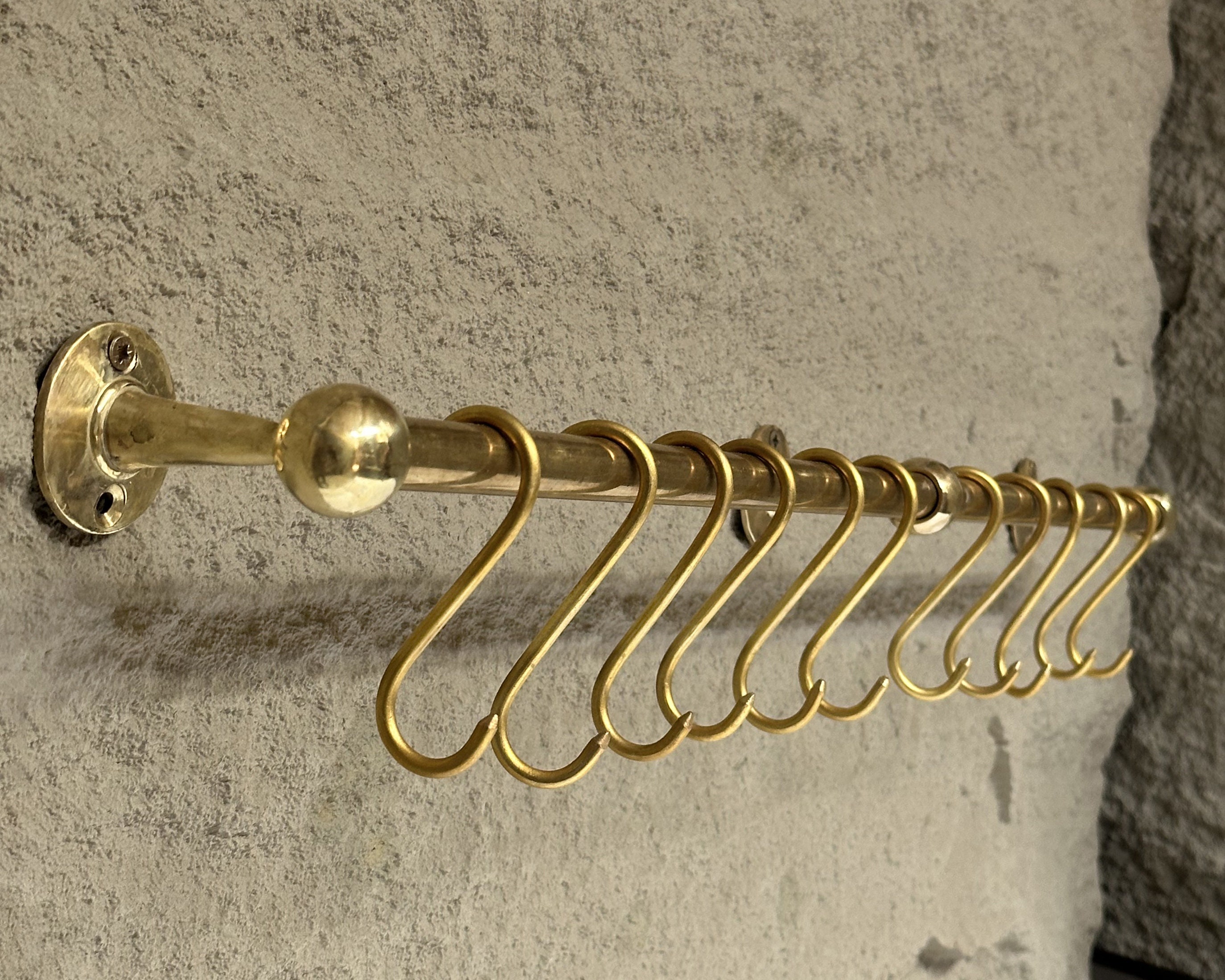 Unlacquered Brass Wall Mounted Pot Rack With Hooks , Brass Kitchen ...