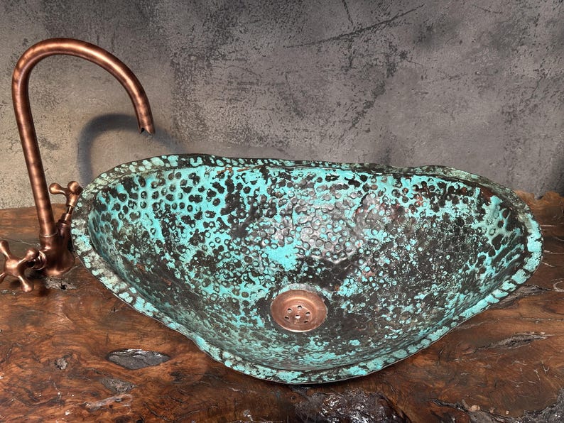 Handmade Hammered Copper Sink With Turquoise Patina, Unique Rustic ...