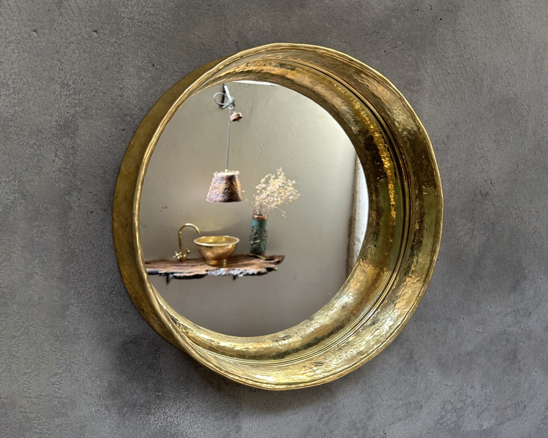 Round Brass Wall Mirror, Antique Brass Mirror Frame. Round Bathroom ...