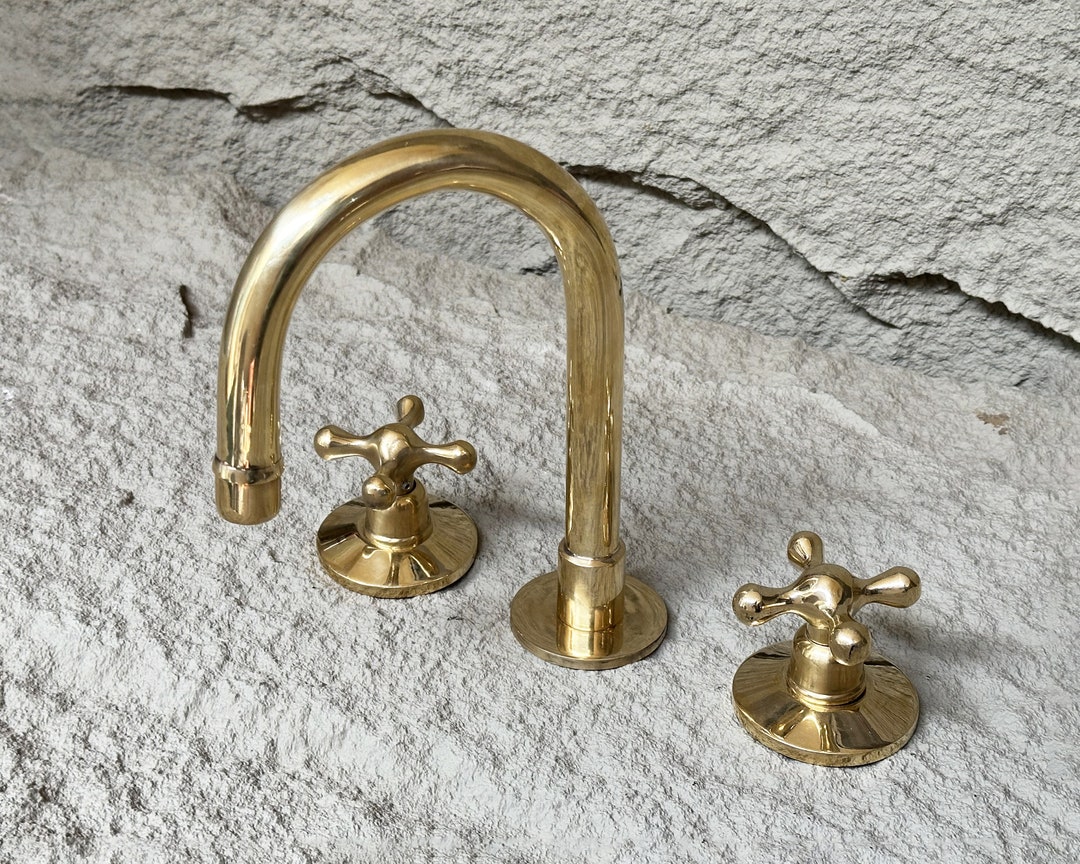 Unlacquered Brass Widespread Bathroom Faucet With Cross Handles , Solid ...