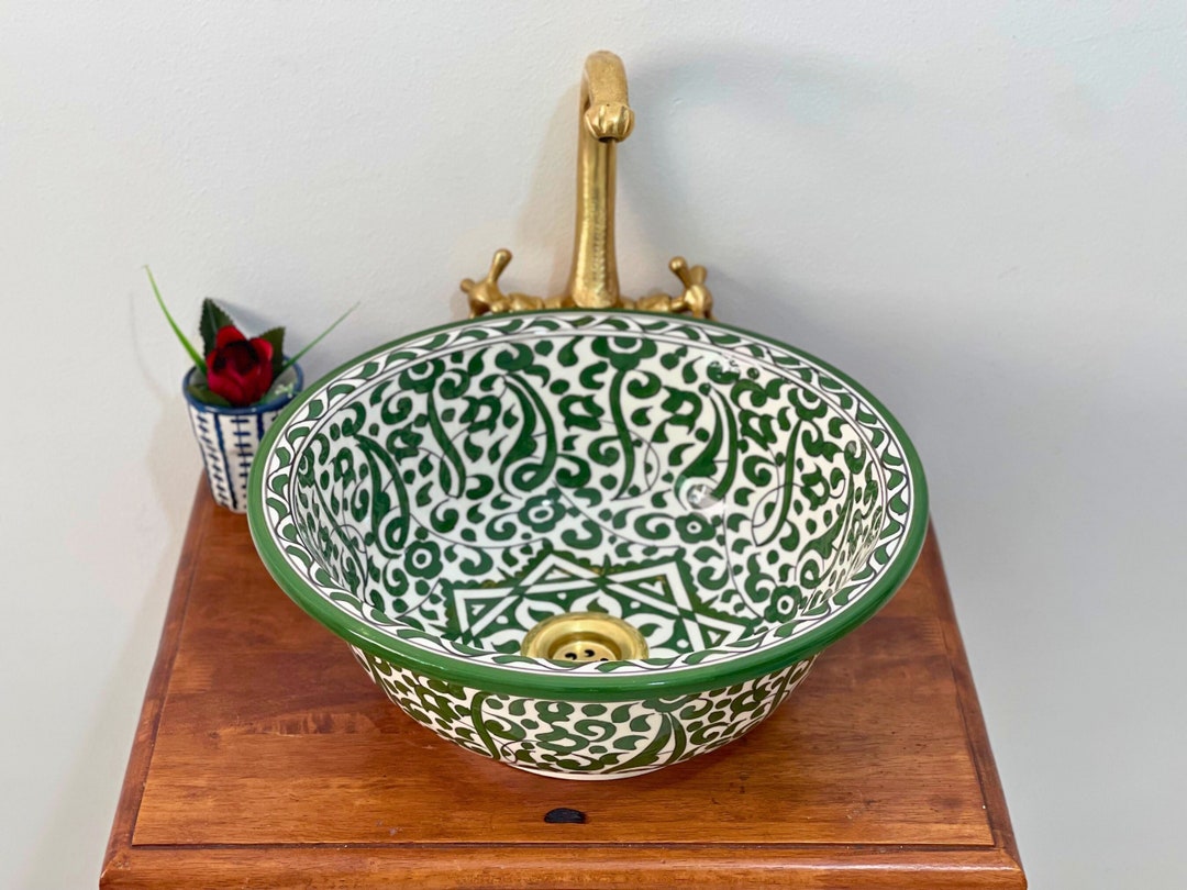 Green Ceramic Vessel Sink Farmhouse Green Sink, Bathroom Vanity Sink ...