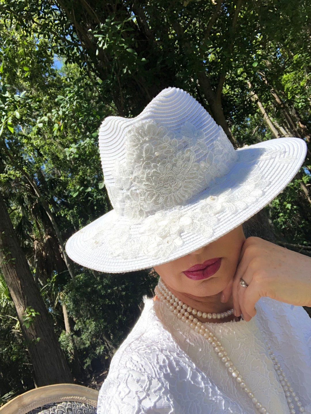 Sun Hat, Beaded Lace ,white Color Hat, Bridal Shower Hat, Wedding Hat ...