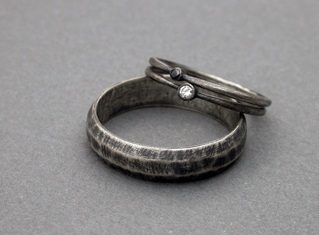 White Diamond Black Diamond Wedding Ring Engagement Ring Stackable ...