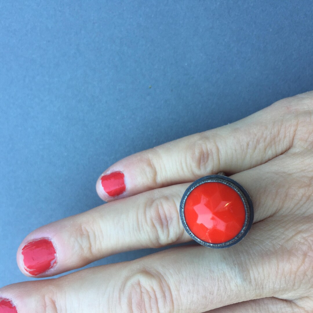 Large Hot Red Ring Oxidized Sterling Silver Vintage Glass Jewelry ...